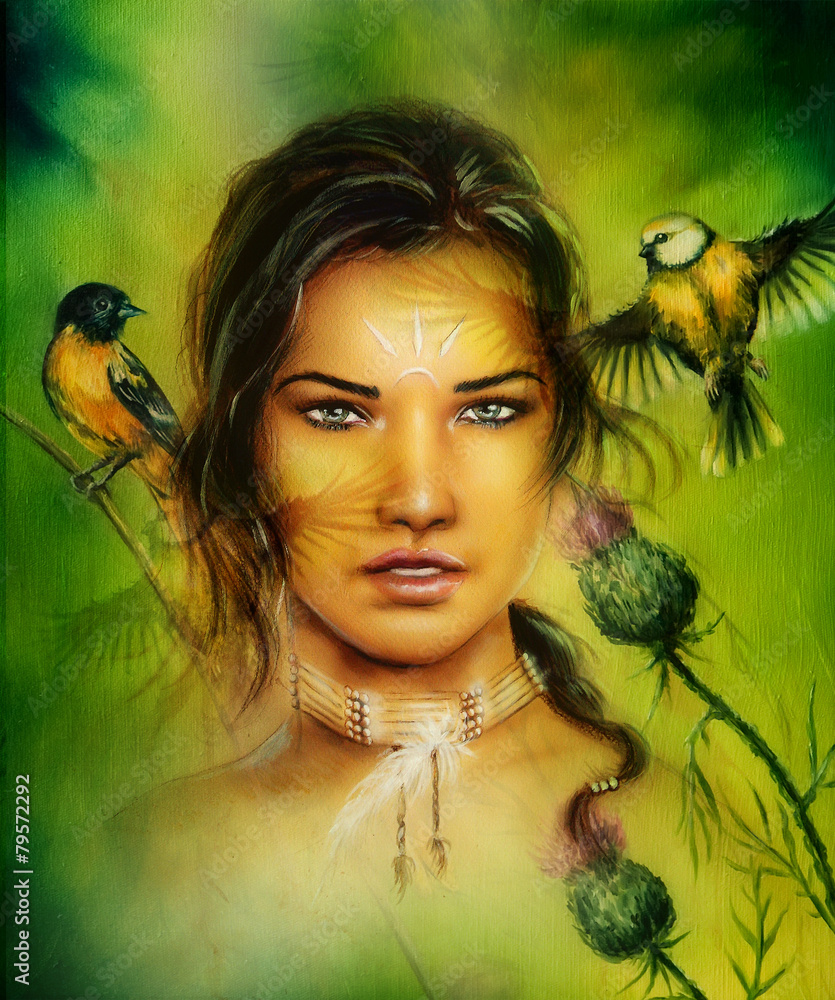 beautiful portrait of a young enchanting woman face with birds, Stock ...