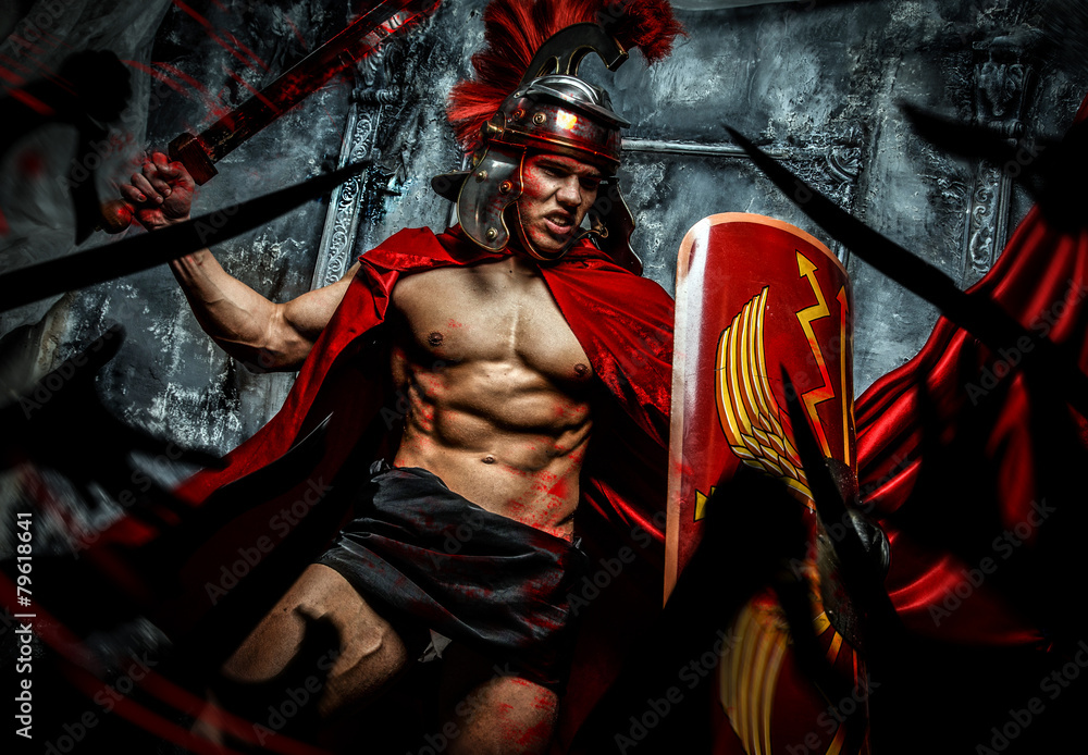 Roman warrior in fight with shield and sword. Stock Photo | Adobe Stock