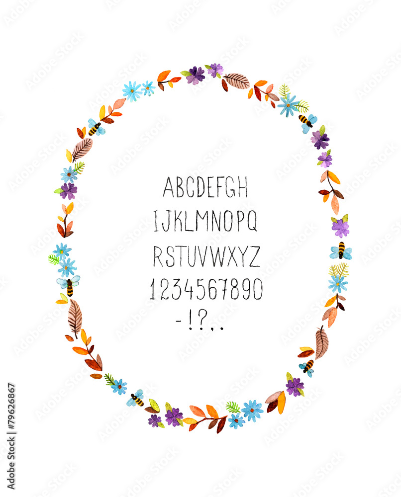 Watercolor floral frame with alphabet. Vector illustration Stock Vector ...