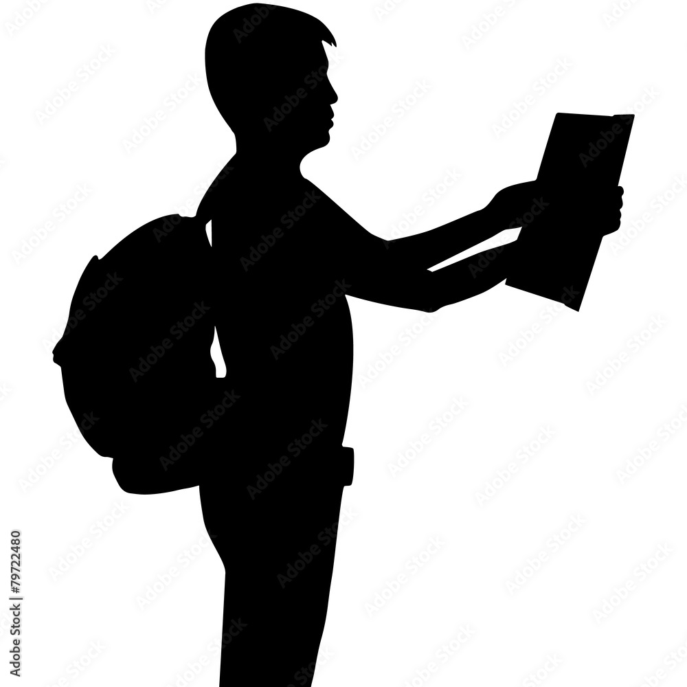 Silhouette tourist looking at guide map isolated on white backgr Stock ...