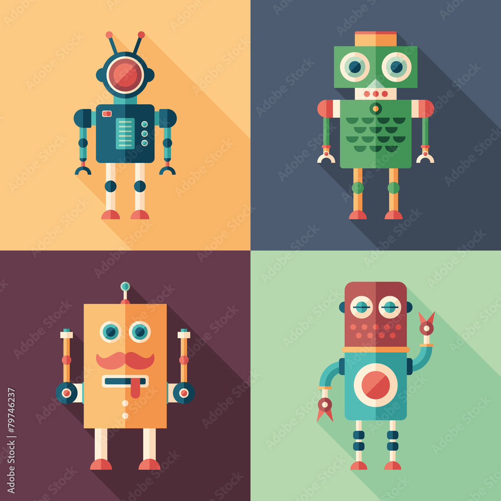 Set of intelligent robots flat square icons with long shadows. Stock ...