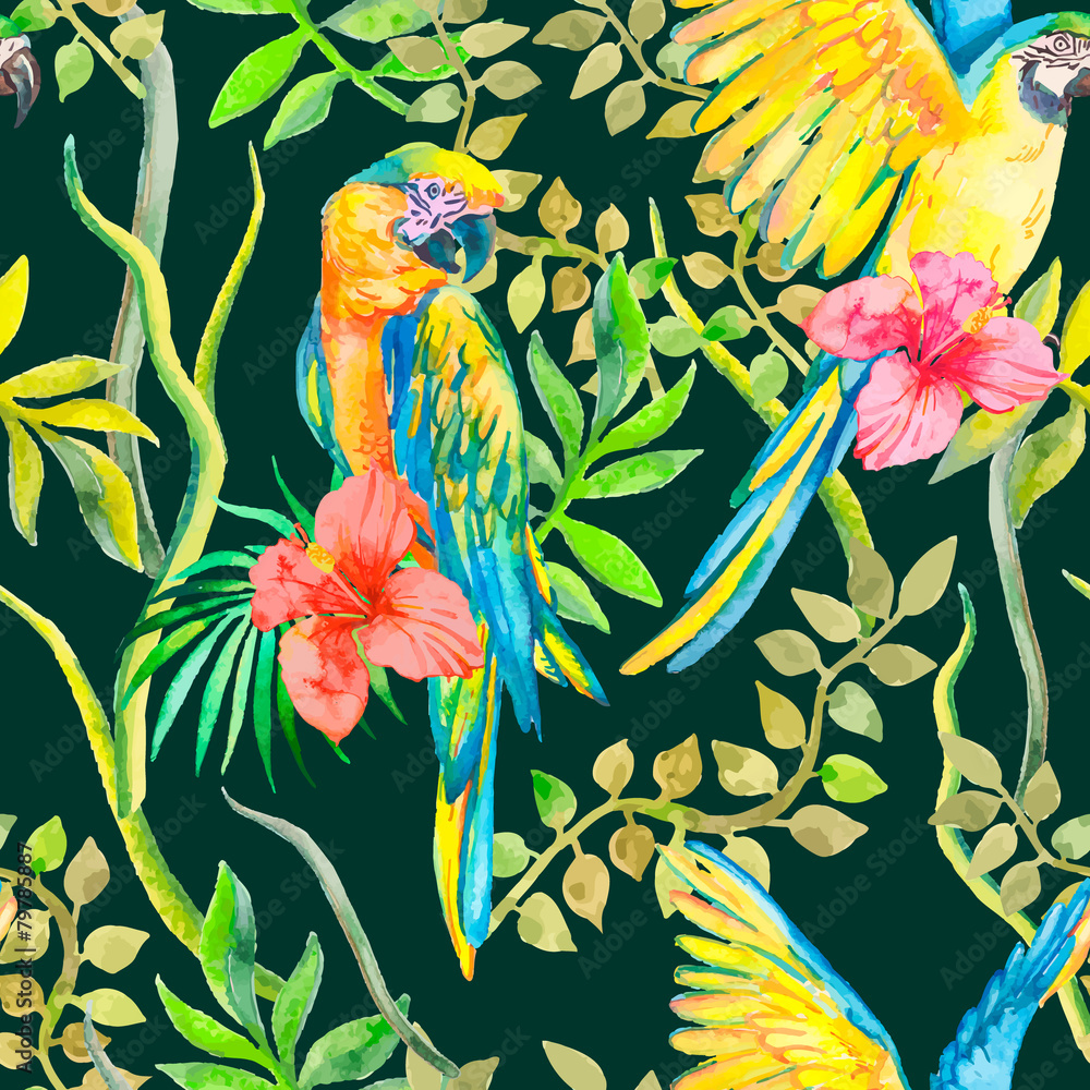Macaw seamless pattern. Topical flower and leaves, hibiscus Stock ...