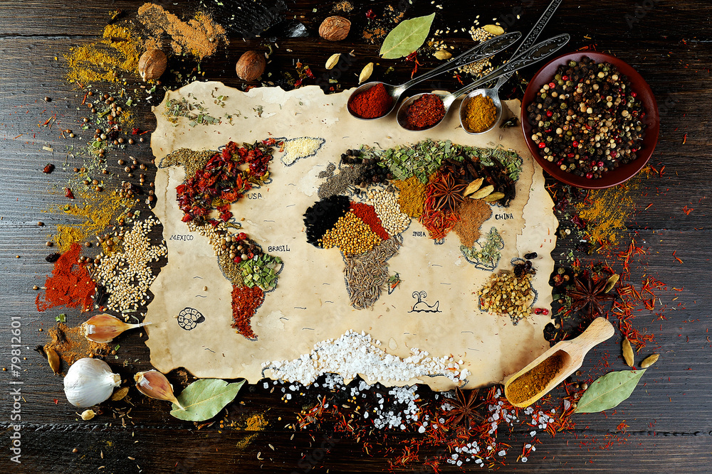 Map of world made from different kinds of spices Stock Photo | Adobe Stock