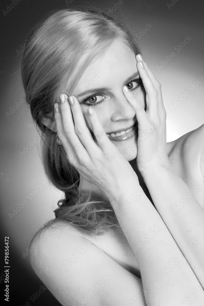 Beautiful Woman Happy Smiling Holds Hands Over Face Embarrassed Stock ...