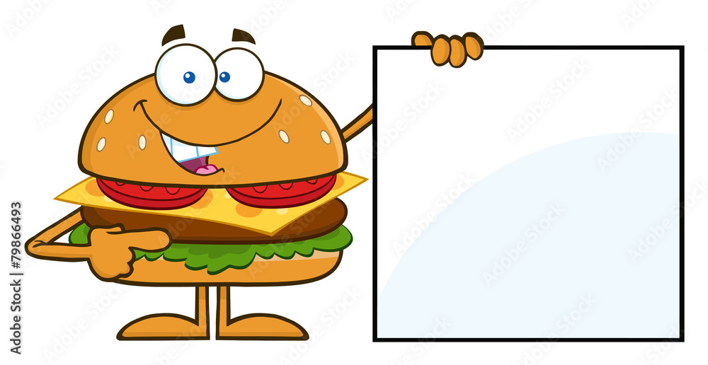 Funny Hamburger Cartoon Character Pointing To A Blank Sign Stock Vector ...