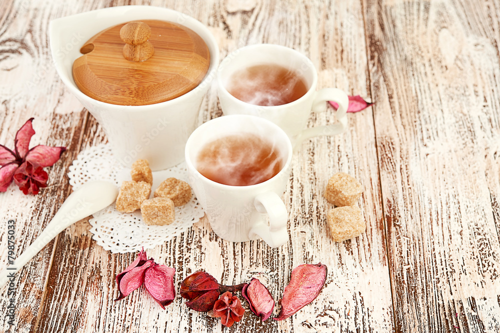 tea with sugar cubes on wooden Stock Photo | Adobe Stock