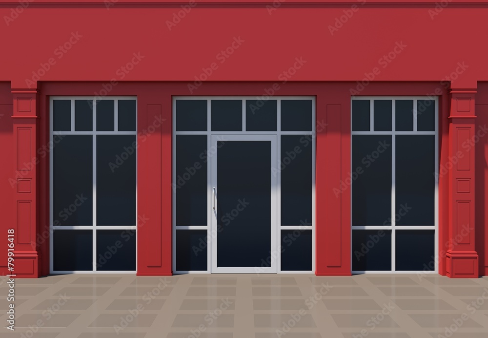 Red shopfront with large windows. Red store facade. Stock Illustration ...