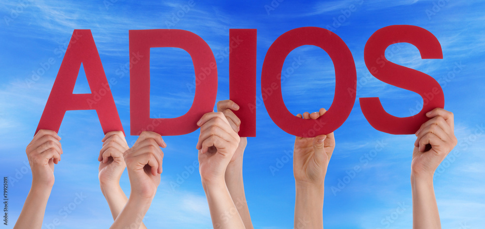 People Holding Straight Spanish Word Adios Means Goodbye Blue Sk Stock ...