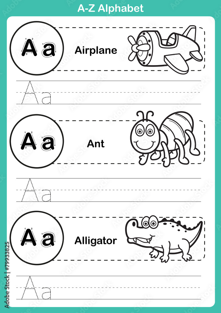 Alphabet a-z exercise with cartoon vocabulary for coloring book Stock ...