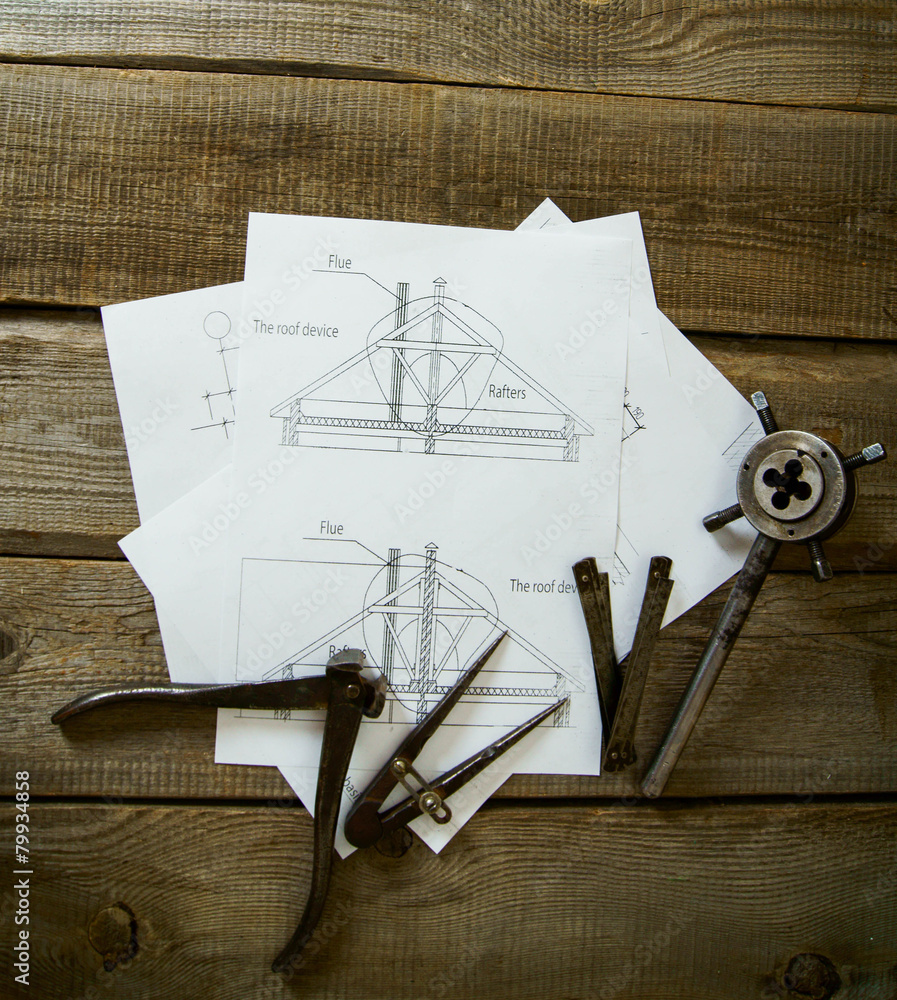 Many drawings for building and working tools on old wooden Stock Photo ...
