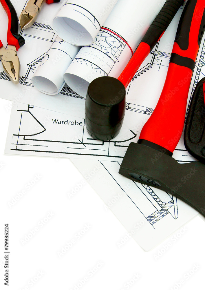 Drawings for building and working tools on white a background. Stock ...