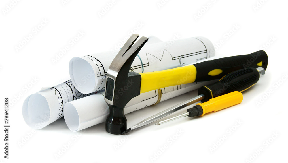 Drawings for building house and working tools. Stock Photo | Adobe Stock