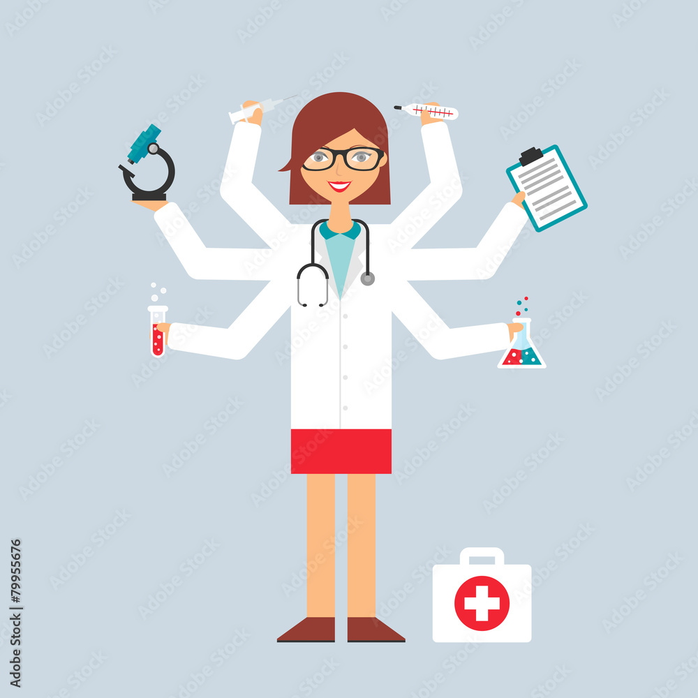 Multitasking character: doctor. Flat style, vector illustration Stock ...