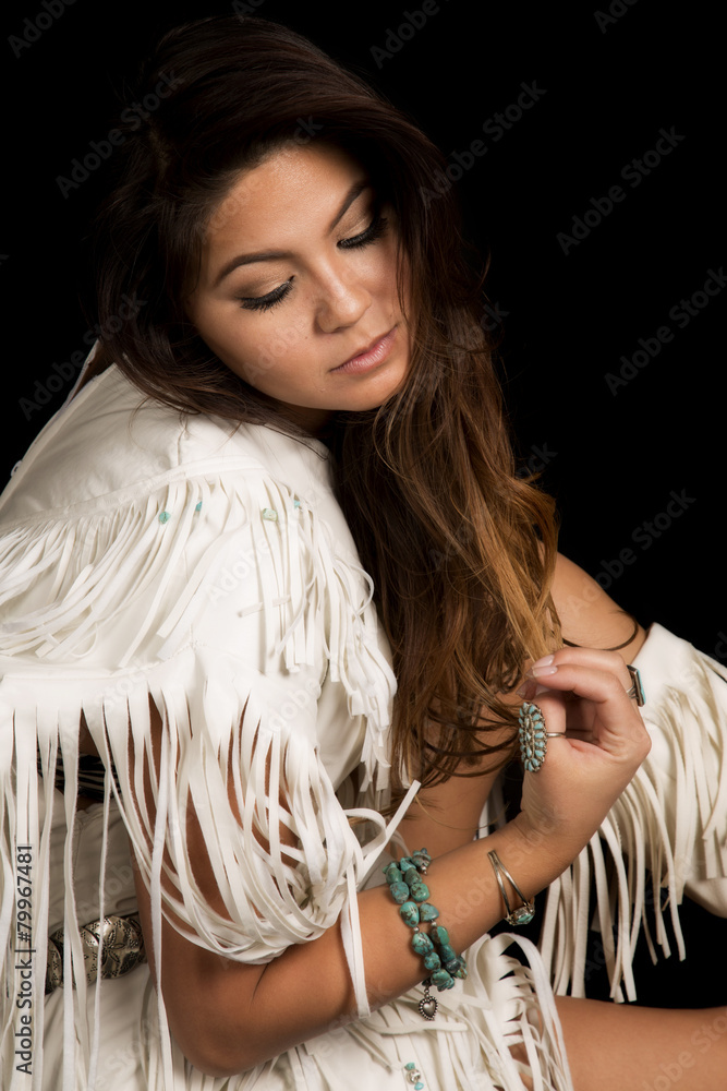 Native American woman in white outfit sit on black close look do Stock ...