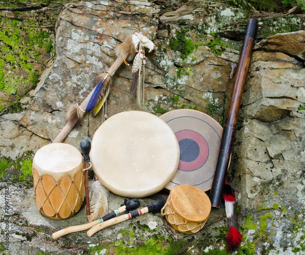 Native American Drums with Rain Stick and Spirit Chaser. Stock Photo ...