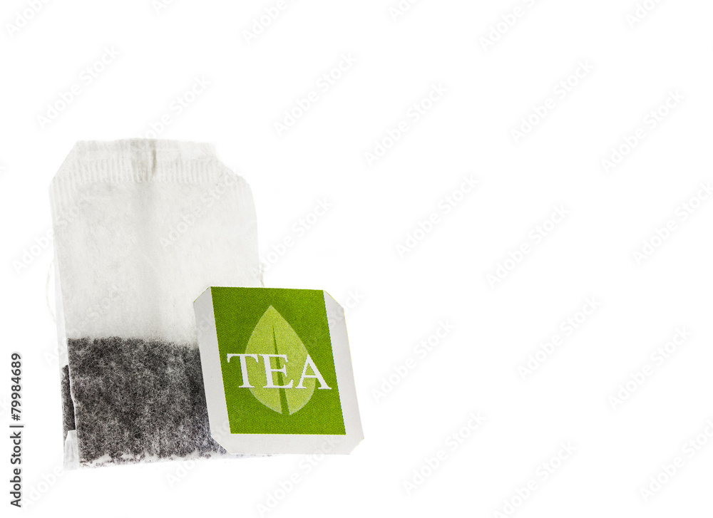 Tea paper sachet with green label isolated on white background Stock ...