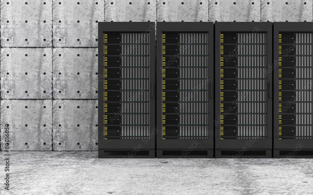 Modern Servers Rack in a Concrete Room Interior. 3D Rendering Stock ...