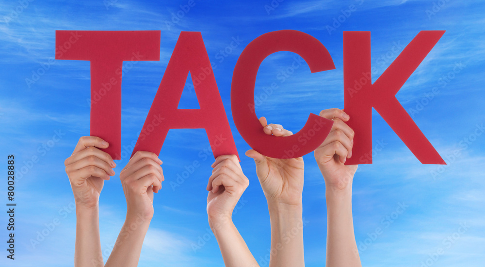 People Holding Straight Swedish Word Tack Means Thanks Blue Sky Stock ...