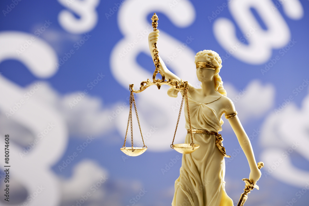 Poster Justitia Figur , Skulptur, vor Paragraphen Hintergrund ...