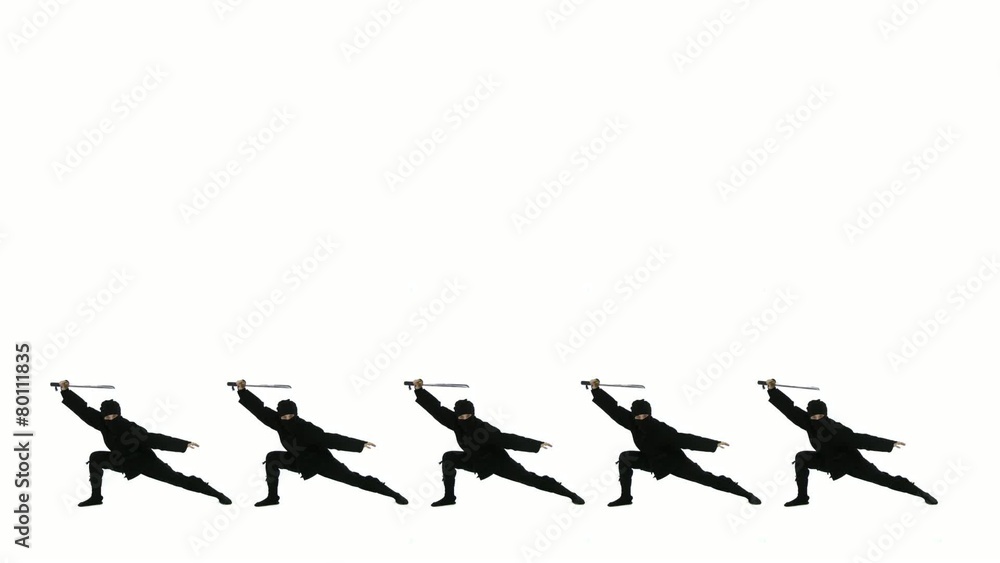 Five masked ninjas draw swords and strike a dramatic pose, one after ...