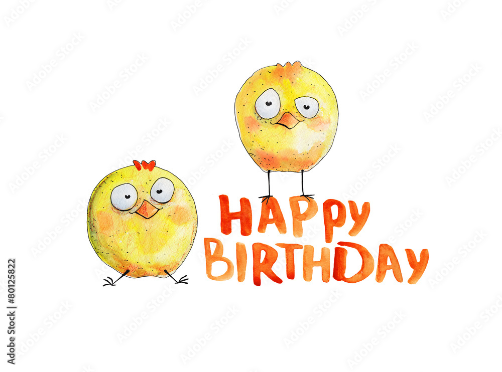 2 chicken. Birthday. Watercolor illustration. Hand drawing Stock ...