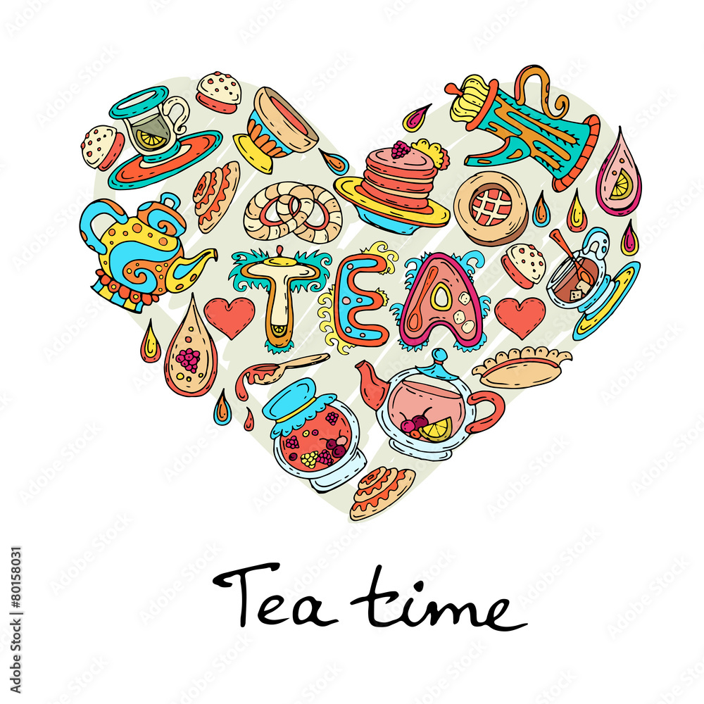 Vector stylized heart with hand drawn symbols of tea time Stock Vector ...