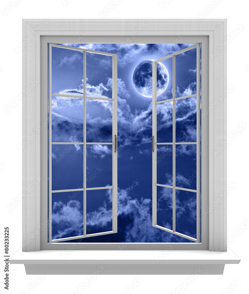 Isolated window frame opening to a night sky and full moon Stock Photo ...