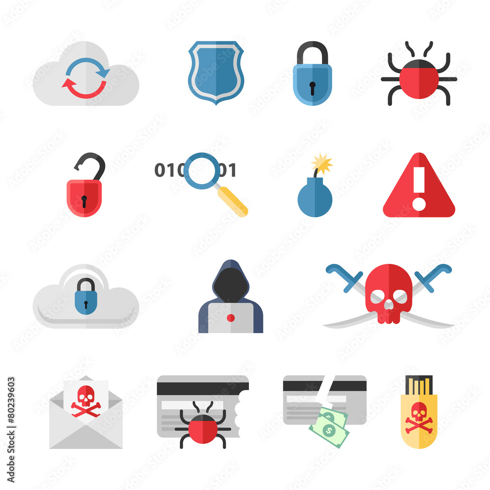 Hacker flat icons set with bug virus crack worm spam Stock Vector ...