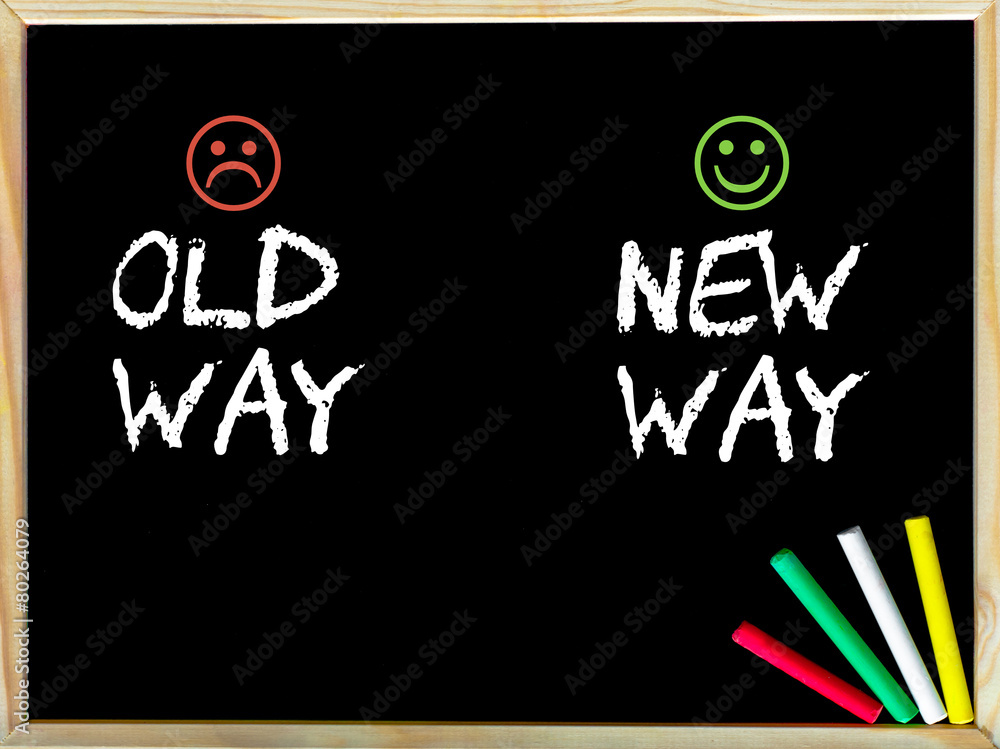 Old Way versus New Way message with sad and happy emoticon faces Stock ...