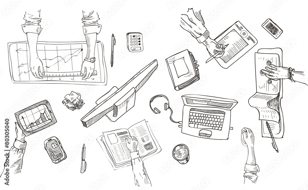 Teamwork, top view people hands sketch hand drawn doodle office Stock ...