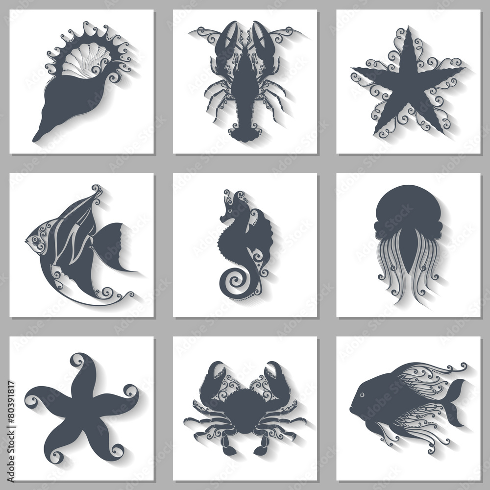 Vector Set of Ornate Sea Animals Icons with Long Shadow. Sea She Stock ...