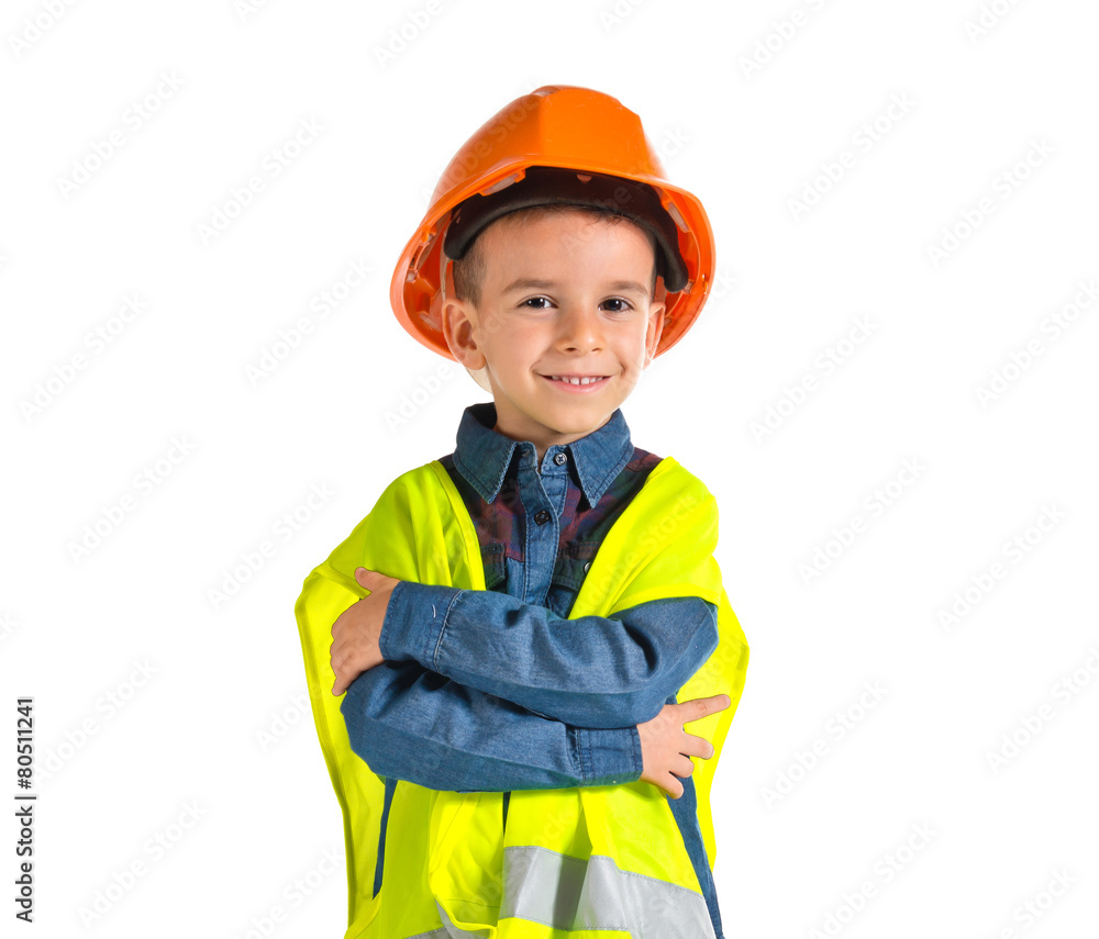 child dressed as a workman with his arms crossed Stock Photo | Adobe Stock