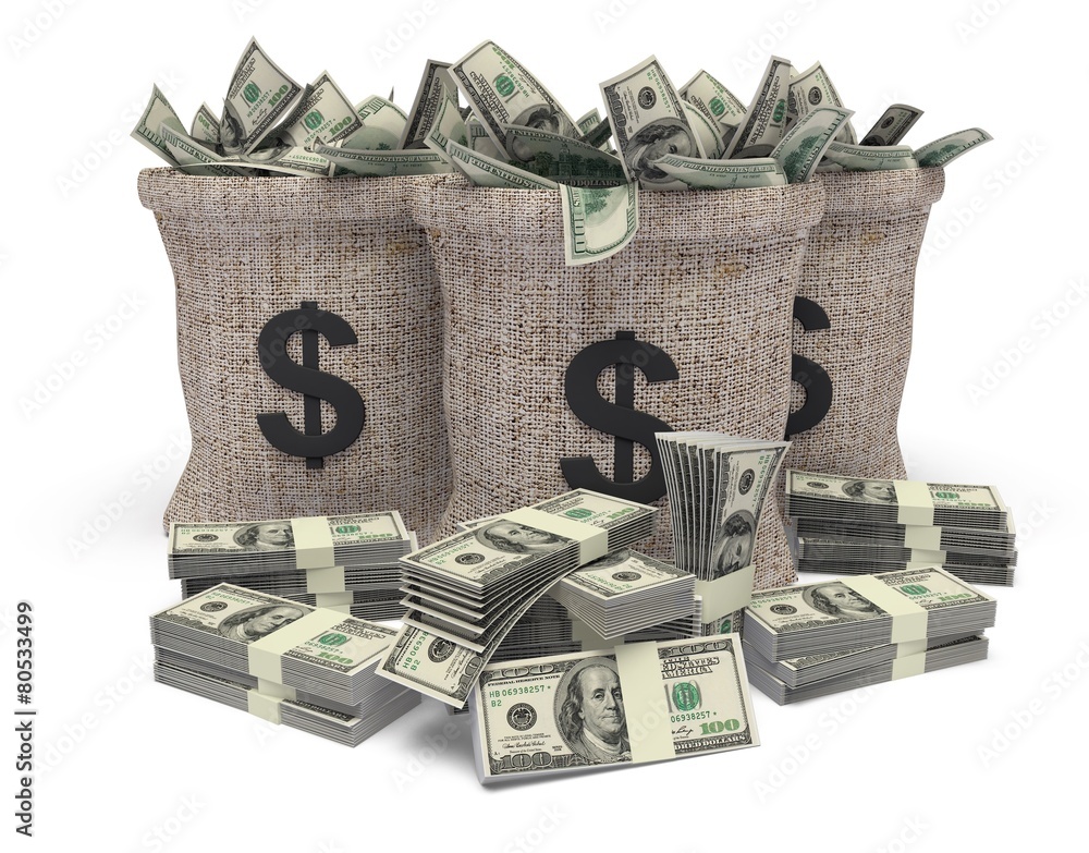 Bag. 3D. Dollar bag with dollars heap Stock Illustration | Adobe Stock