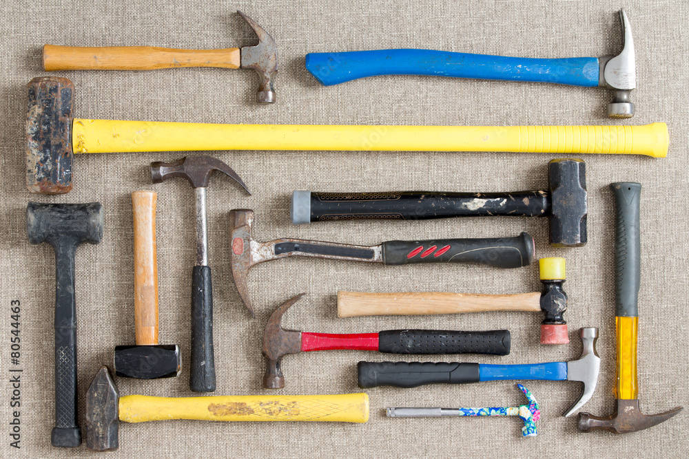 Foto Stock Large selection of different hammers | Adobe Stock