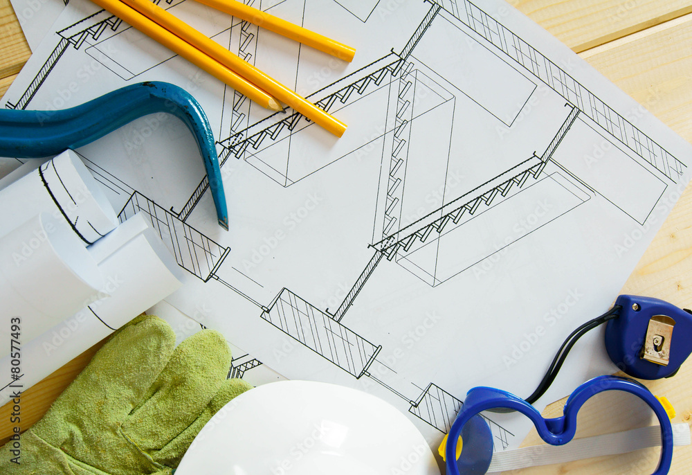 Repair work. Drawings for building, helmet, mount and others Stock ...