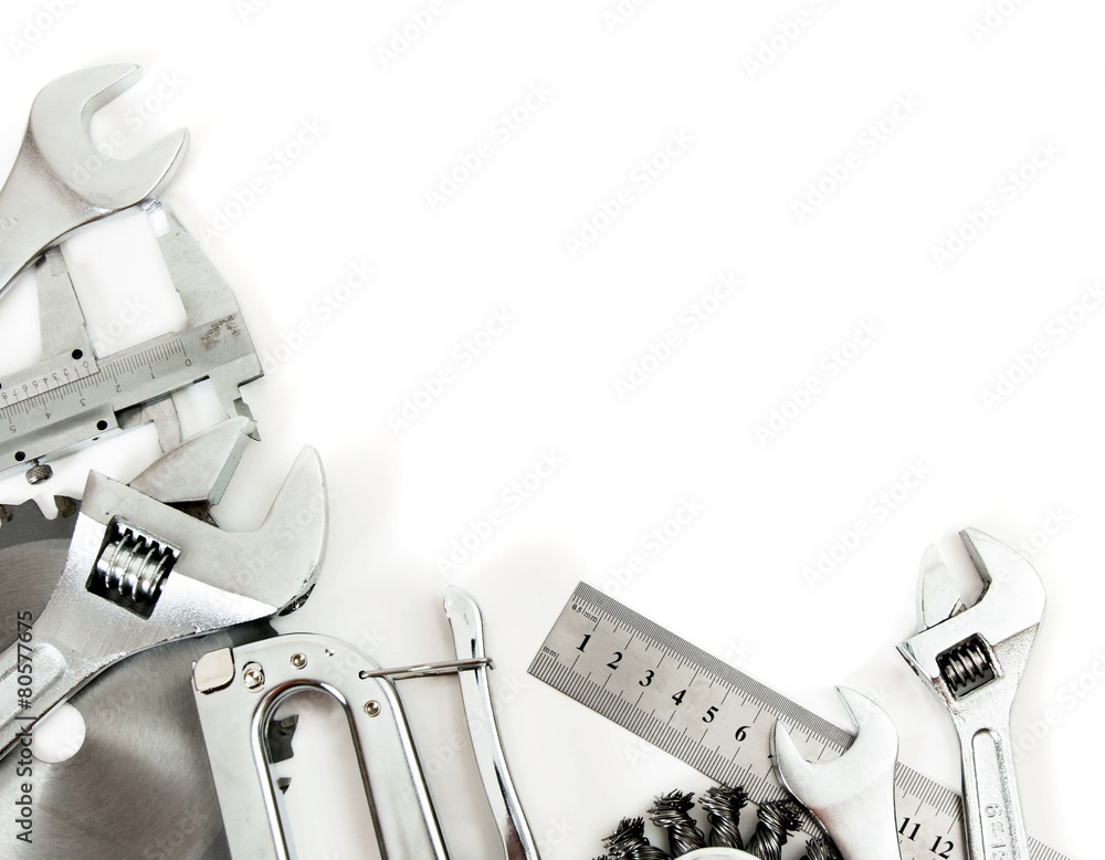 Metalwork. Wrench, caliper, measure and others tools on white Stock ...