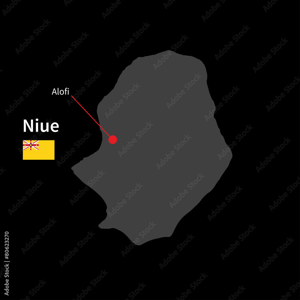 Detailed map of Niue and capital city Alofi with flag on black Stock ...