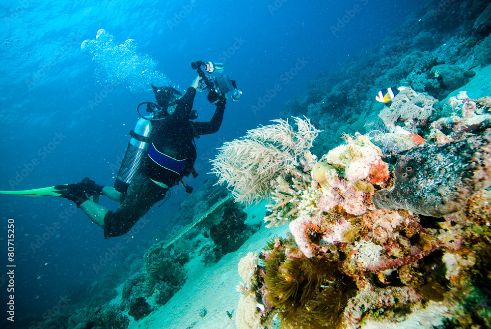 scuba diving diver kapoposang sulawesi indonesia underwater Stock Photo ...