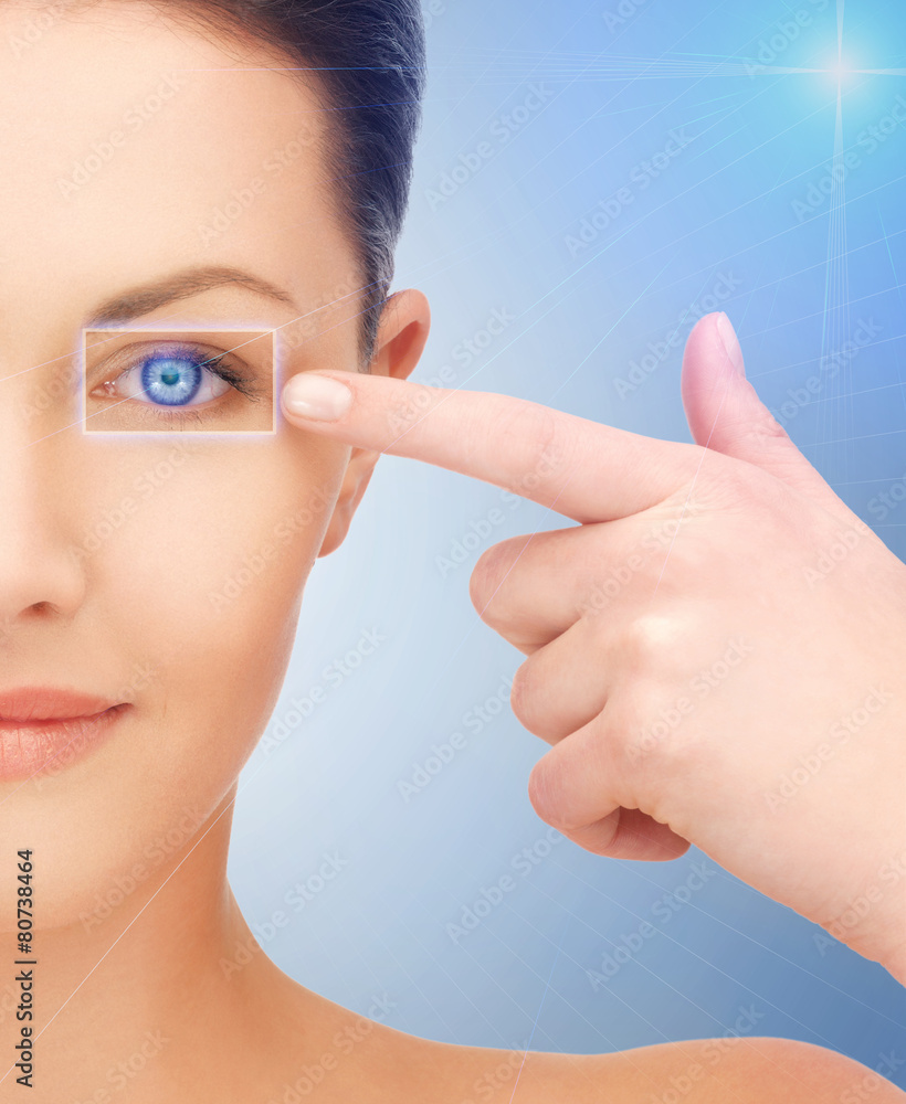 beautiful woman pointing to eye Stock Photo | Adobe Stock