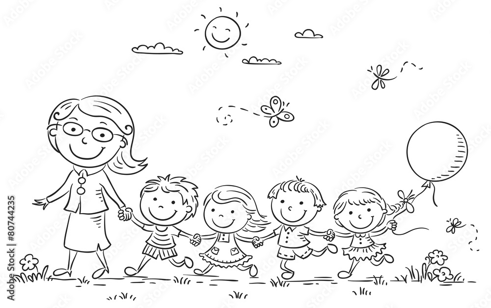 Cartoon Kids and their Teacher Outdoors, Outline Stock Vector | Adobe Stock