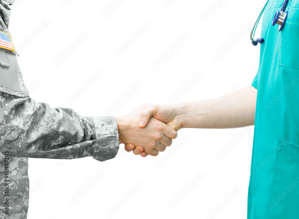 Soldier and doctor shaking hands on white background Stock Photo ...