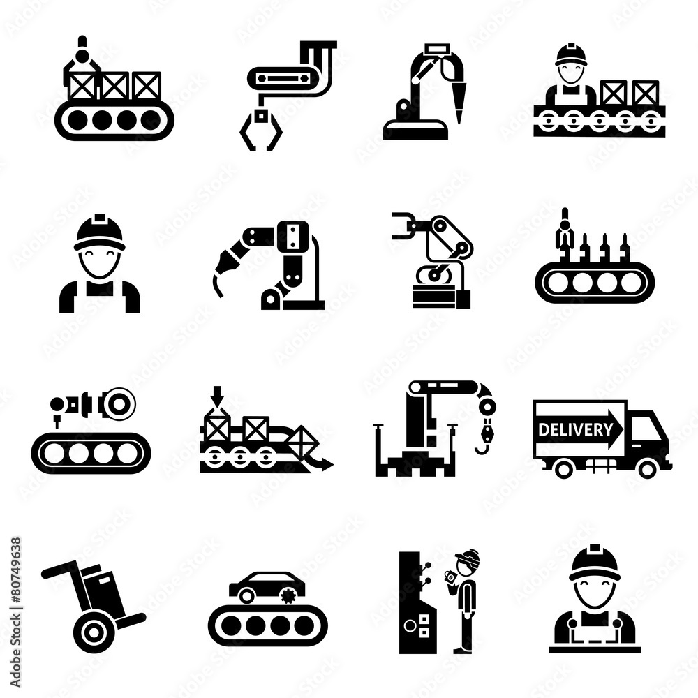 Production Line Icons Black Stock Vector | Adobe Stock