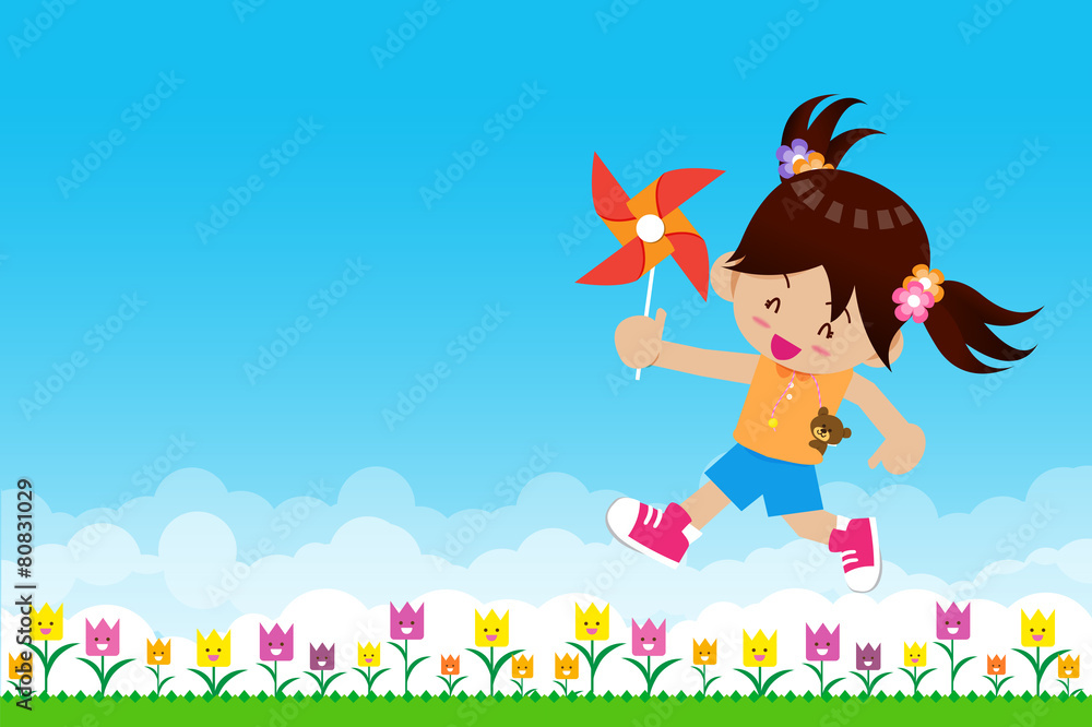 Girl and paper wind turbine on Nature background with green gras Stock ...
