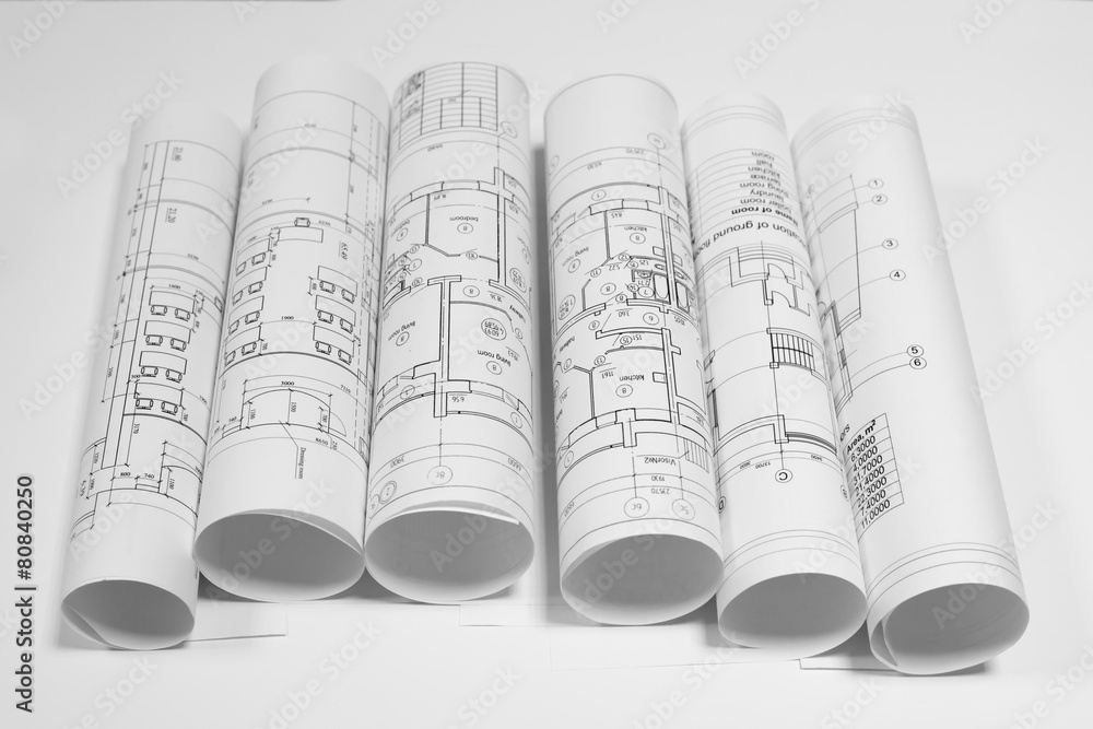 Scrolls architectural drawings on white background. Top view Stock ...