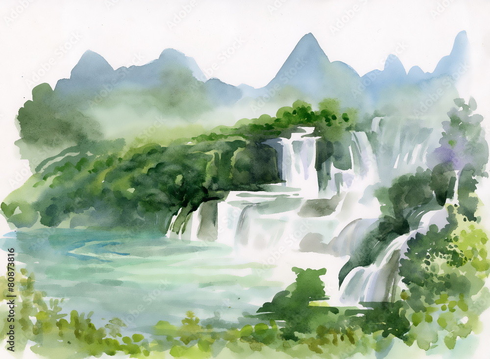 Watercolor illustration of beautiful waterfall and mountains Stock ...
