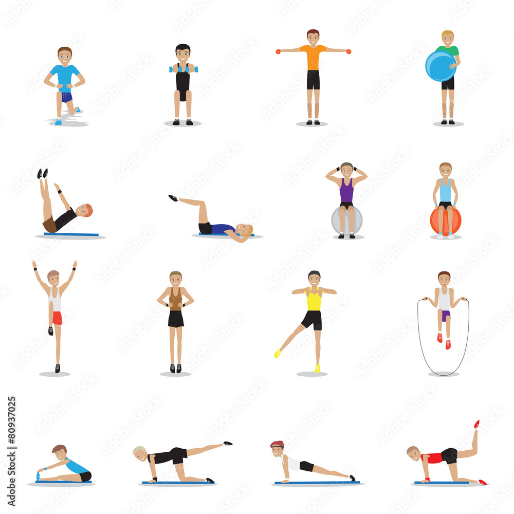 Fitness People Workouts Set - Isolated On White Background - Vector ...