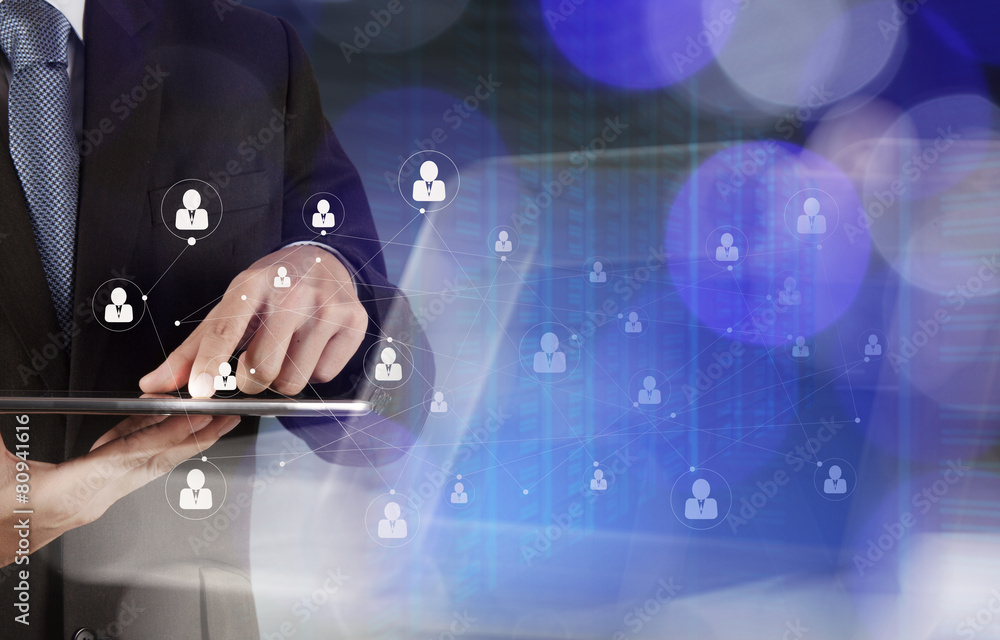 businessman hand showing human icon flow chart on new modern com Stock ...