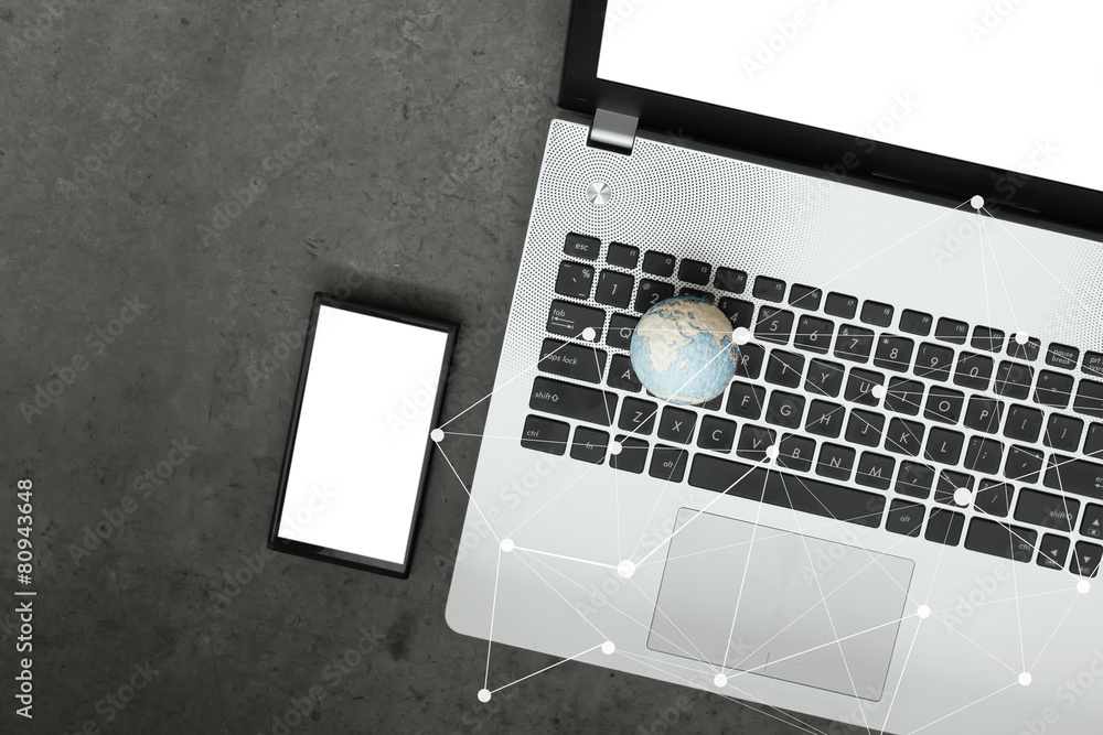 hand drawn texture globe with blank screen laptop computer and s Stock ...