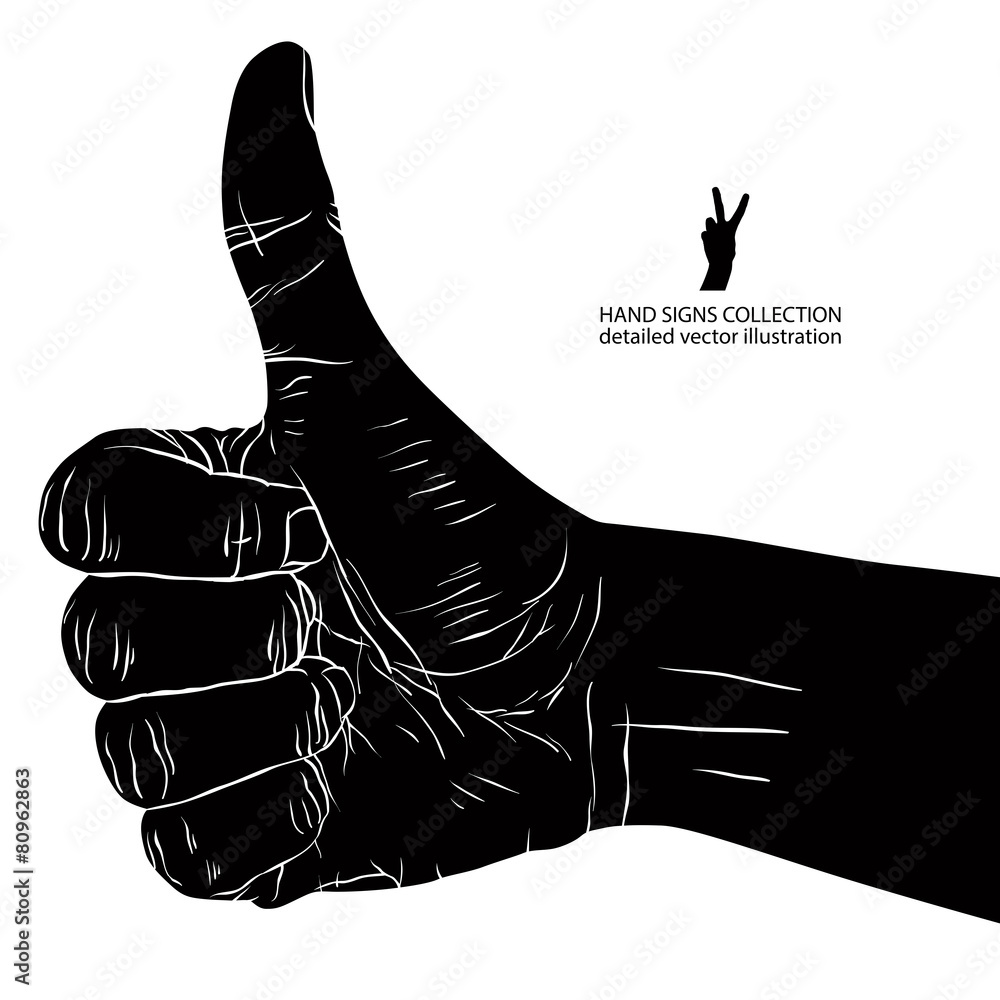 Thumb up hand sign, detailed black and white vector illustration Stock ...