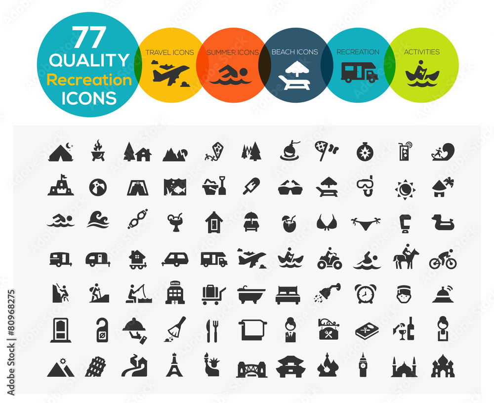 77 High Quality Recreation Icons including: travel, beach, sport Stock ...